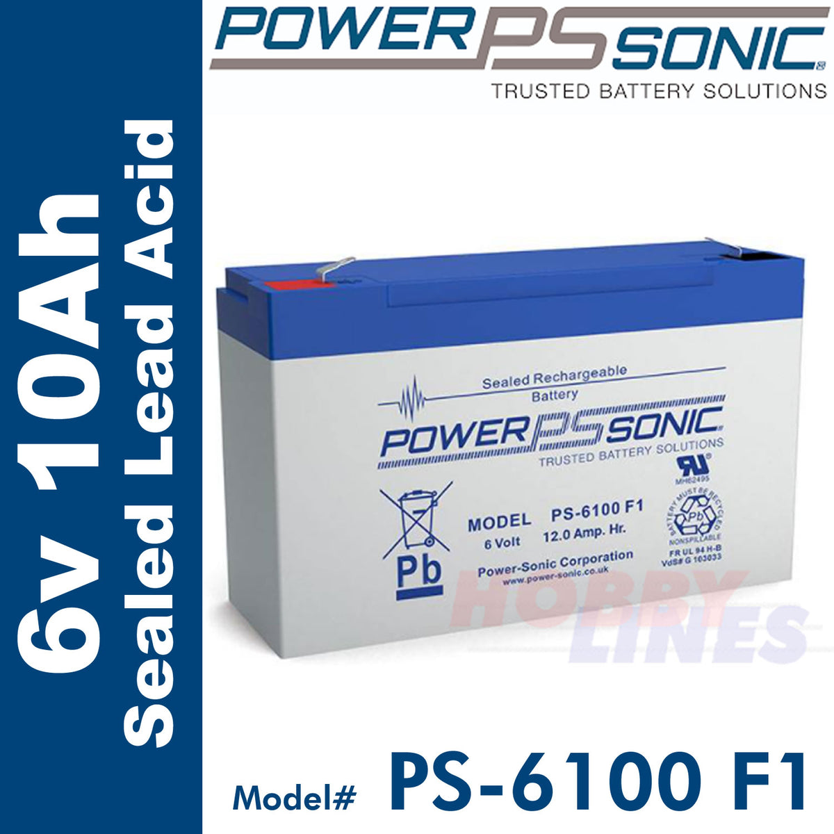 Power-Sonic PS-6100F1 6V 10Ah Sealed Lead Acid Rechargeable Battery GP ...